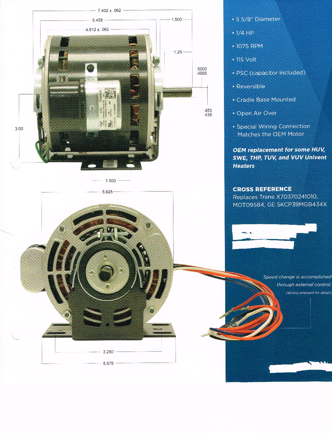 P9584 New Nidec Electric Motor, C43584-2, K55HXLSC2576, 1/4HP, 1075 RPM ...